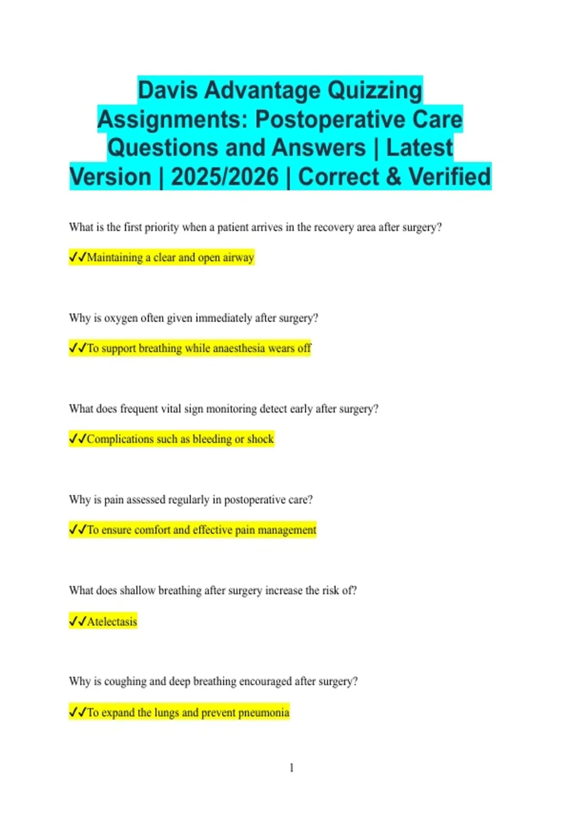 Davis Advantage Quizzing Assignments: Postoperative Care Questions and ...