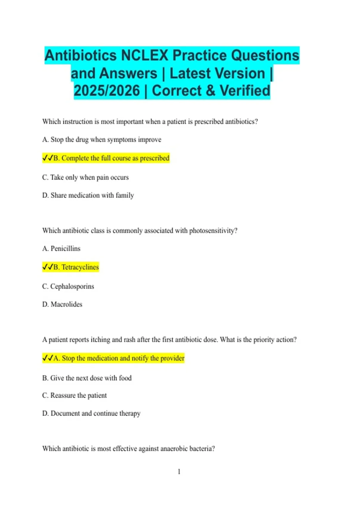 Antibiotics NCLEX Practice Questions and Answers | Latest Version ...