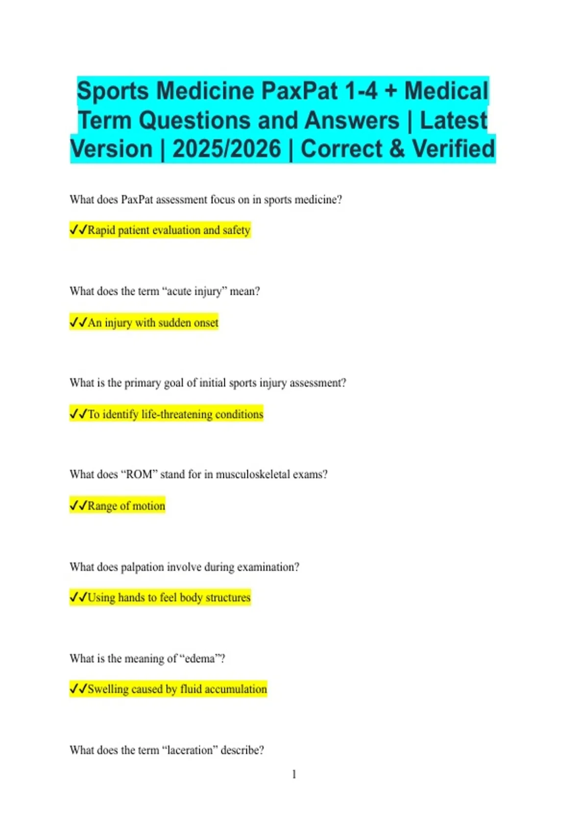 Sports Medicine PaxPat 1-4 + Medical Term Questions and Answers ...