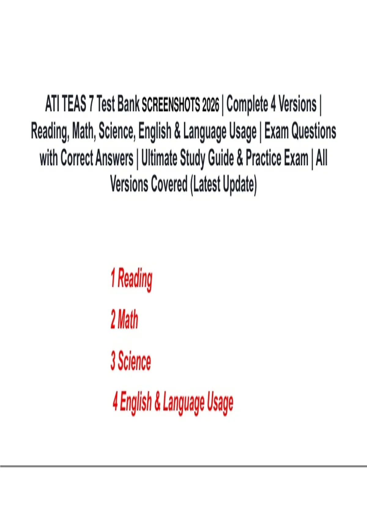 ATI TEAS 7 Test Bank SCREENSHOTS 2026 | Complete 4 Versions | Reading ...