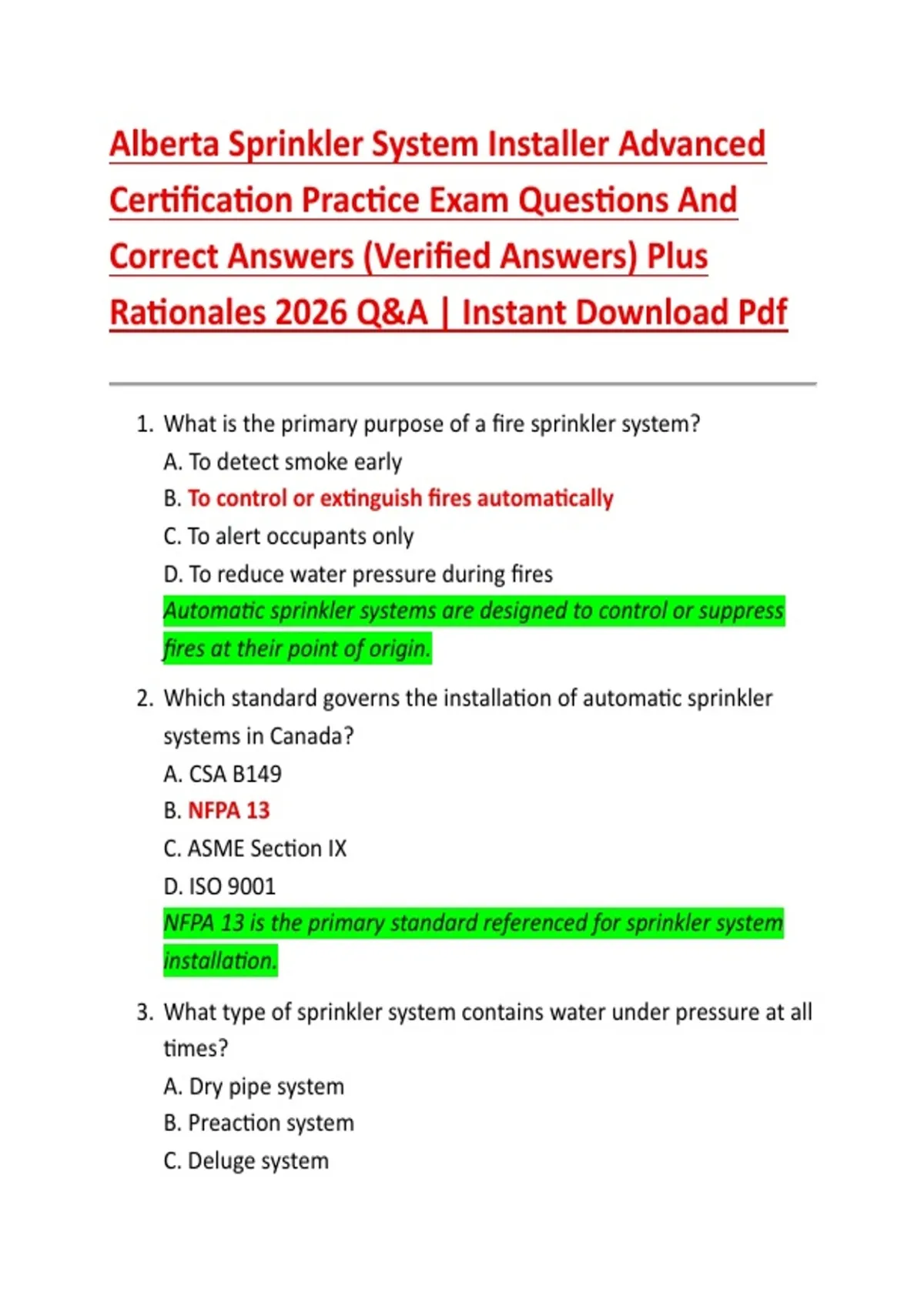 Alberta Sprinkler System Installer Advanced Certification Practice Exam ...