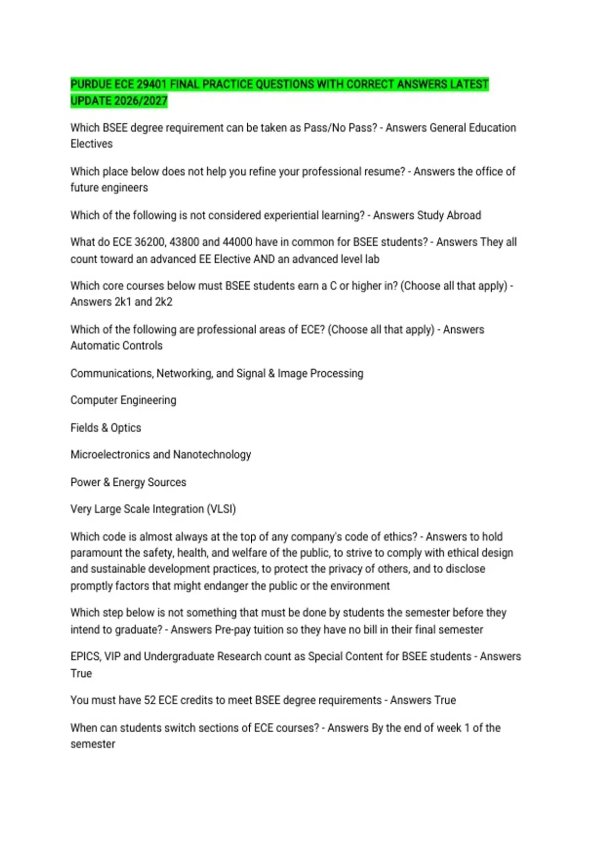 PURDUE ECE 29401 FINAL PRACTICE QUESTIONS WITH CORRECT ANSWERS LATEST ...