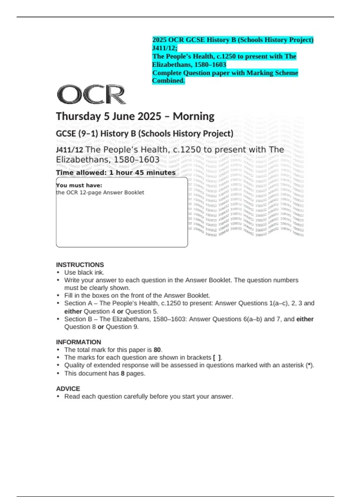 2025 OCR GCSE History B (Schools History Project) J411/12; The People’s ...