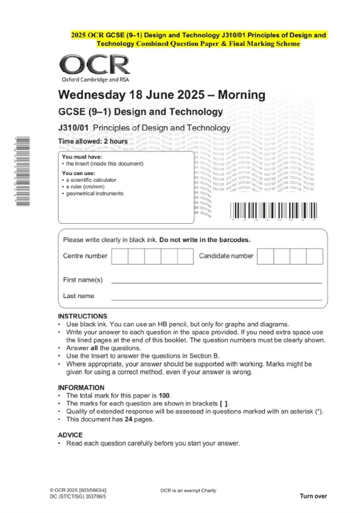 2025 OCR A Level in Design and Technology: Product Design H406/01 ...