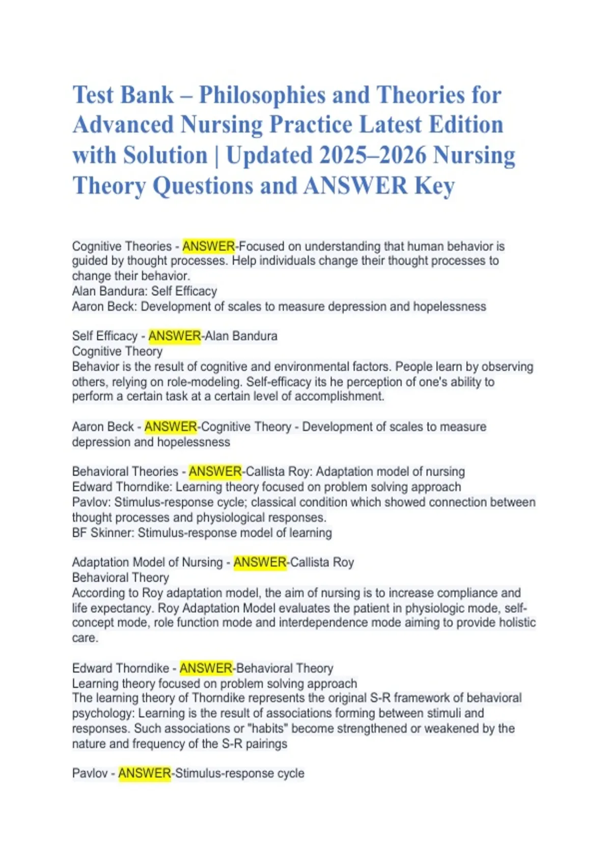 Philosophies and Theories for Advanced Nursing Practice Test Bank Exam ...