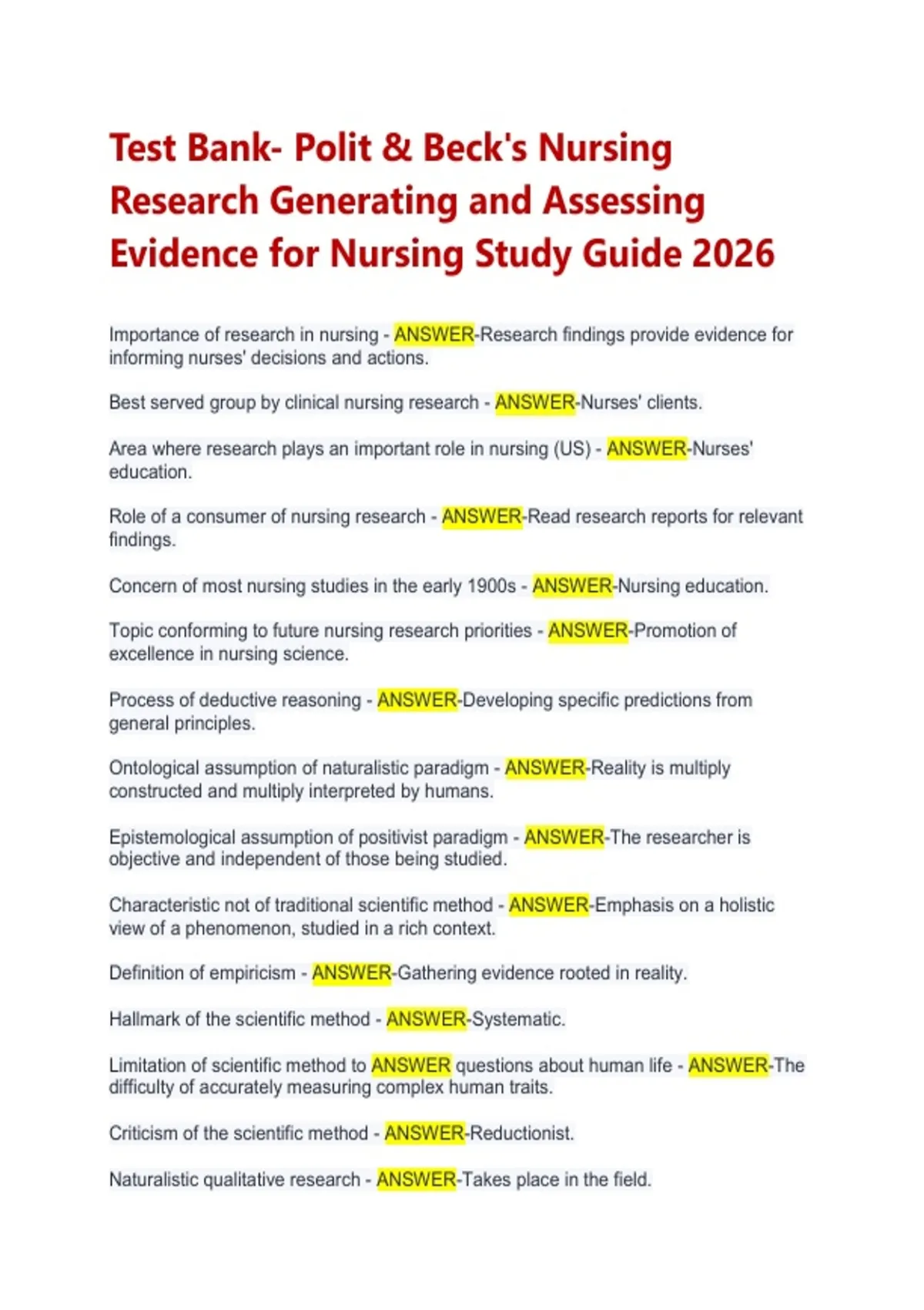 Test Bank for Polit & Beck Nursing Research: Generating & Assessing ...