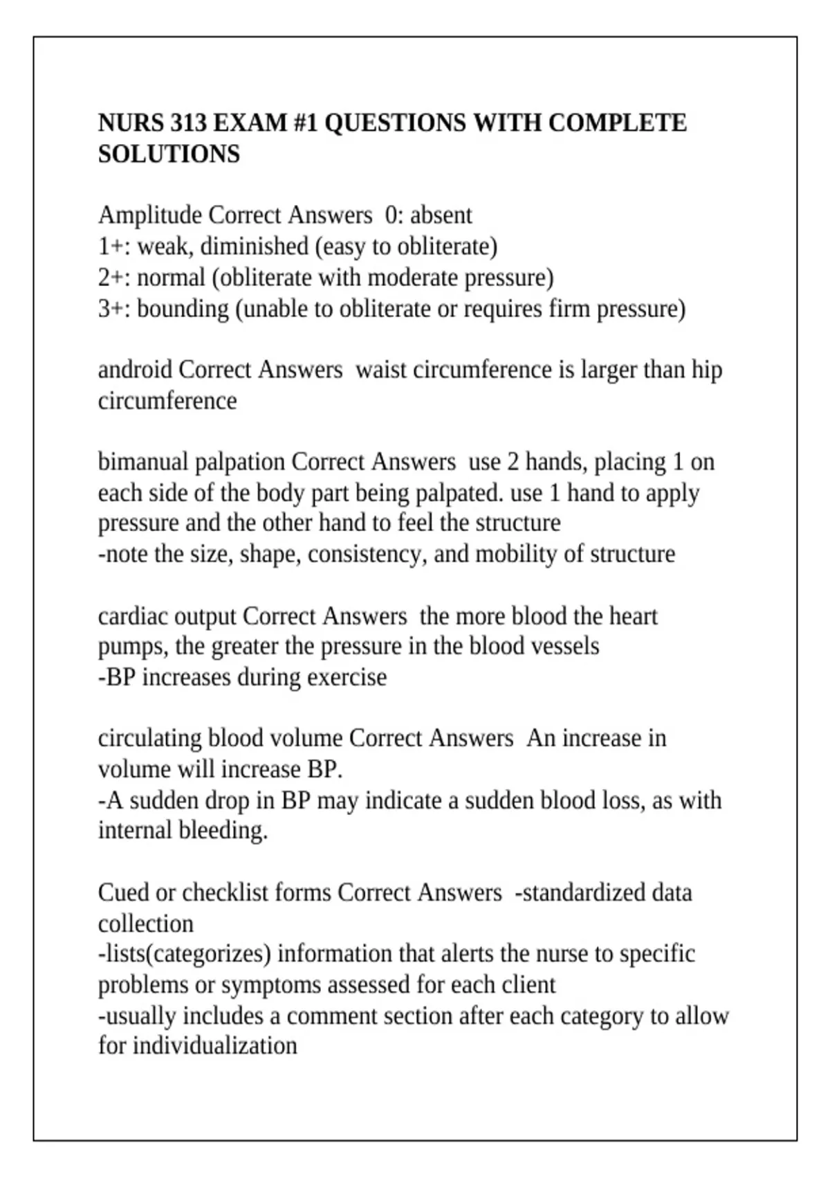 NURS 313 EXAM #1 QUESTIONS WITH COMPLETE SOLUTIONS - NURS 313 - Stuvia US