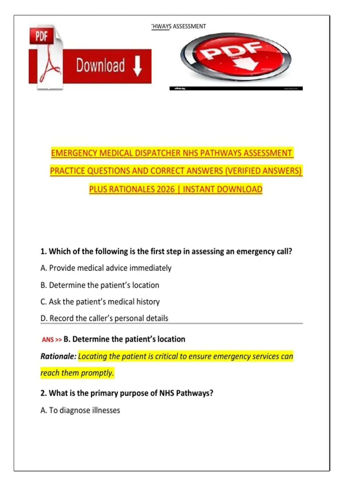 Emergency Medical Dispatcher NHS Pathways Assessment 2026 – Practice ...