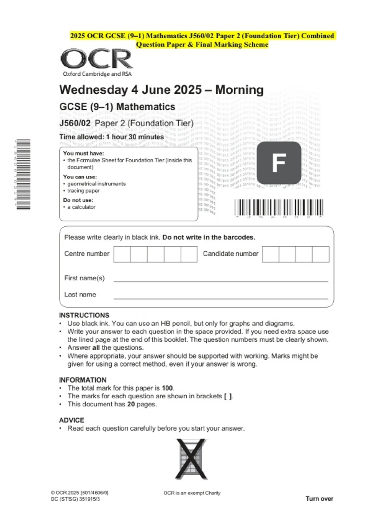 2025 OCR GCSE (9–1) Mathematics J560/02 Paper 2 (Foundation Tier ...