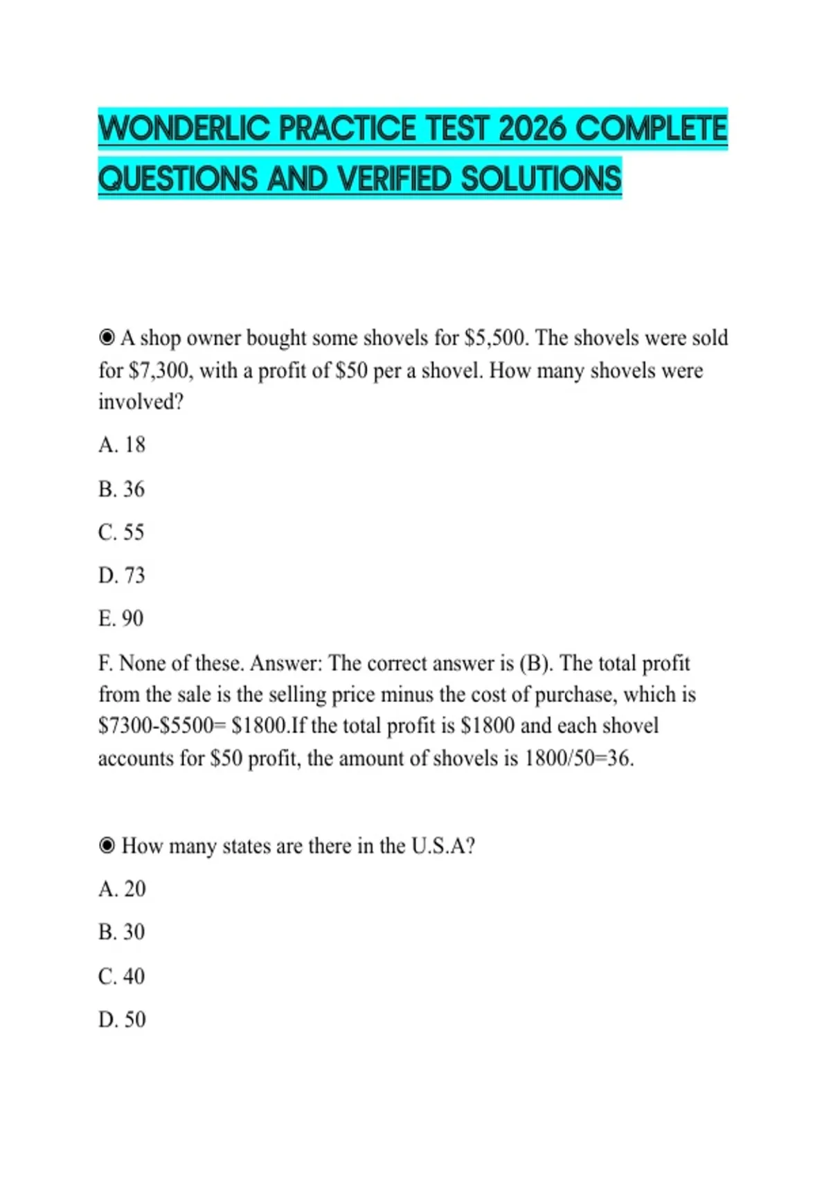 WONDERLIC PRACTICE TEST 2026 COMPLETE QUESTIONS AND VERIFIED SOLUTIONS ...