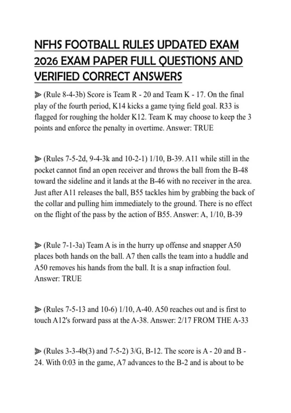 NFHS FOOTBALL RULES UPDATED EXAM 2026 EXAM PAPER FULL QUESTIONS AND ...