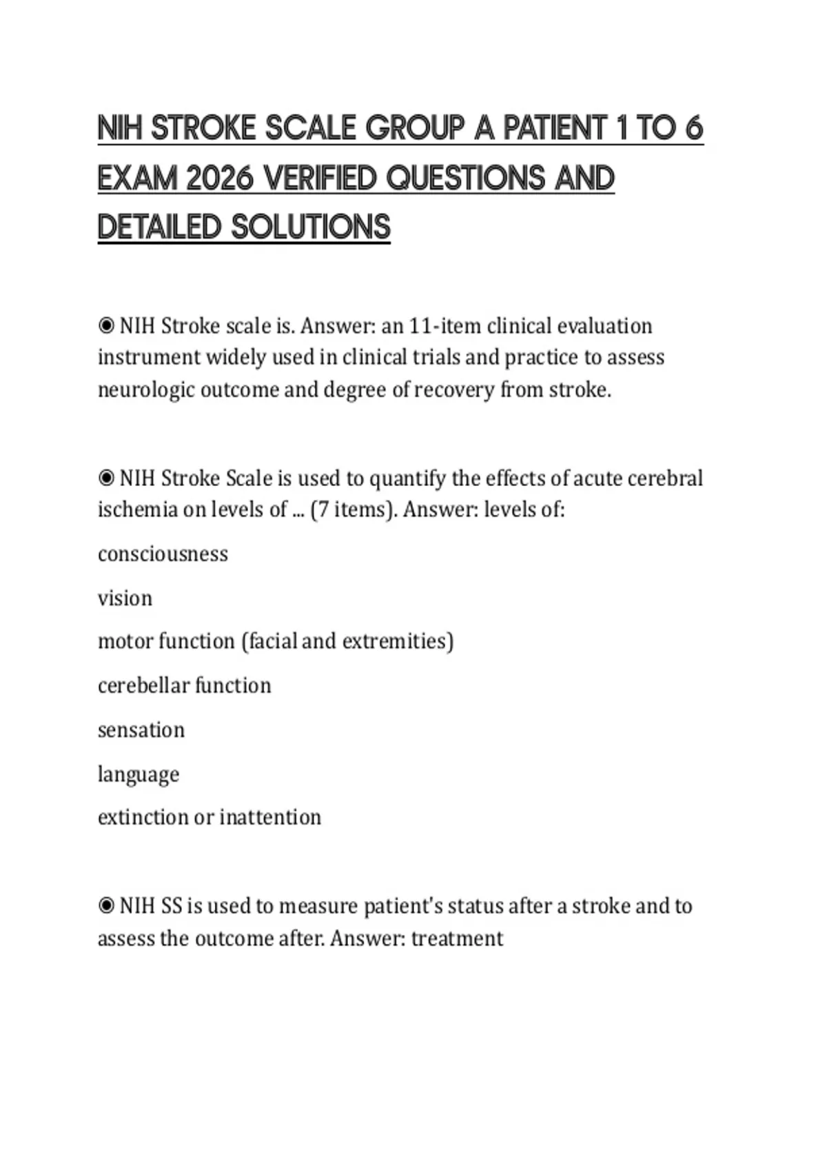 NIH STROKE SCALE GROUP A PATIENT 1 TO 6 EXAM 2026 VERIFIED QUESTIONS ...