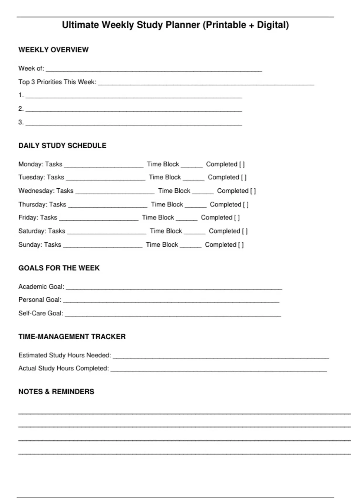 Ultimate Weekly Study Planner (Printable + Digital) - General degree ...