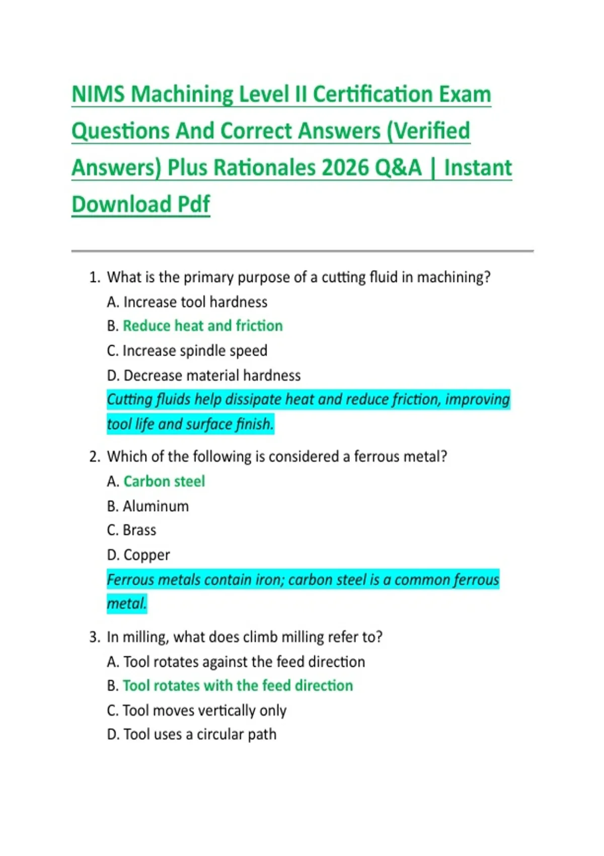 NIMS Machining Level II Certification Exam Questions And Correct ...