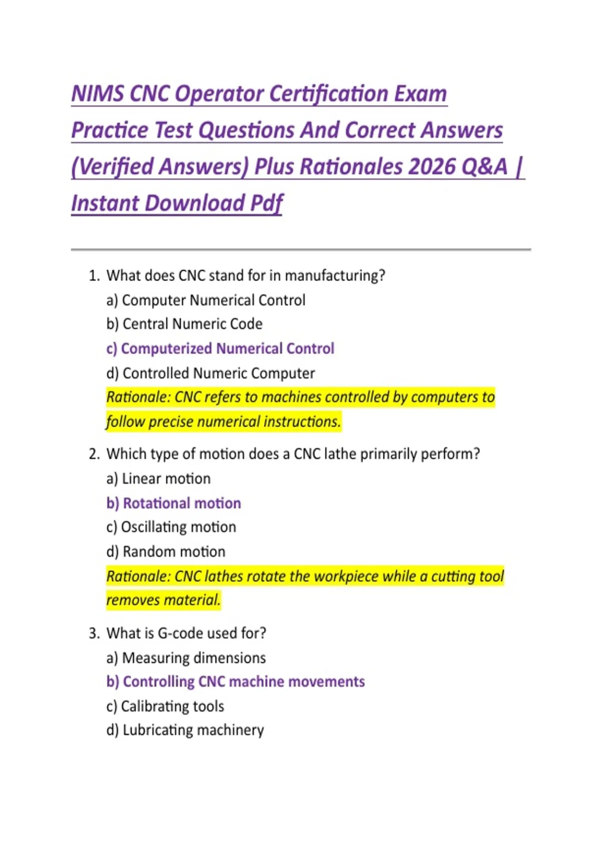 NIMS CNC Operator Certification Exam Practice Test Questions And ...