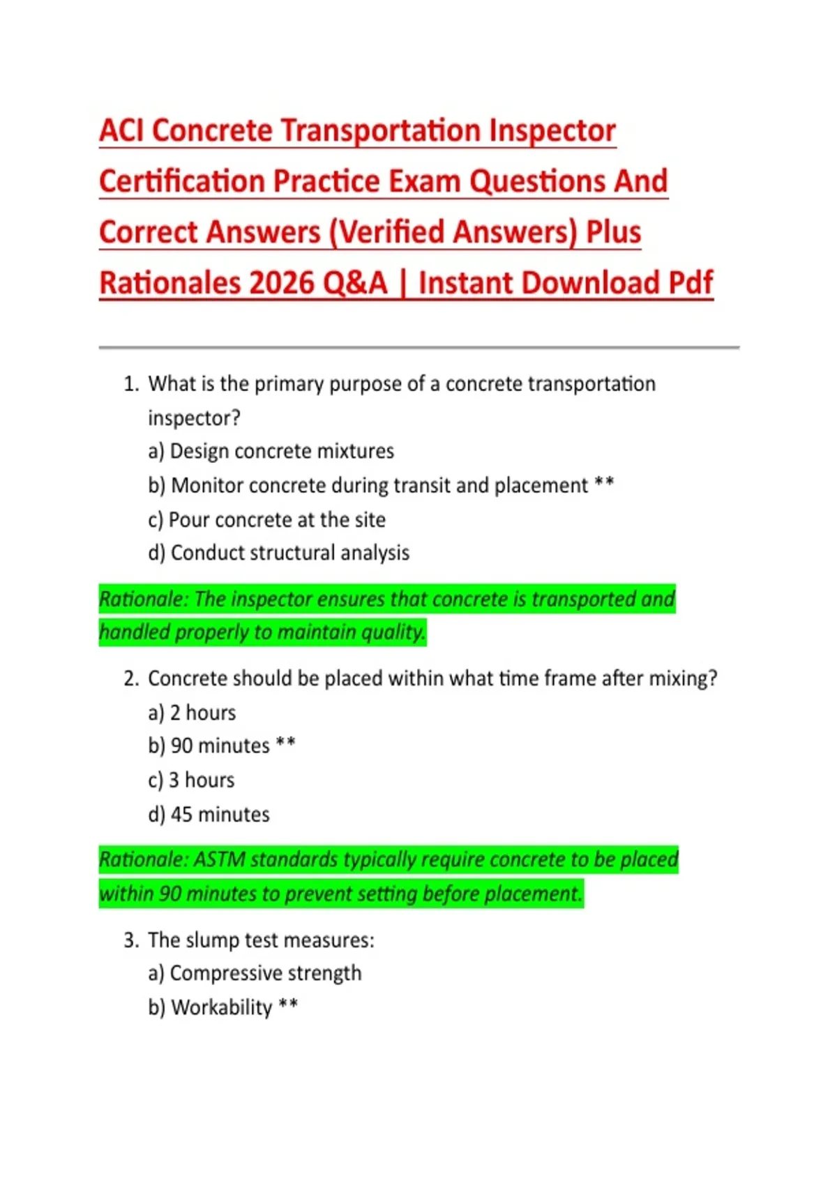 ACI Concrete Transportation Inspector Certification Practice Exam ...