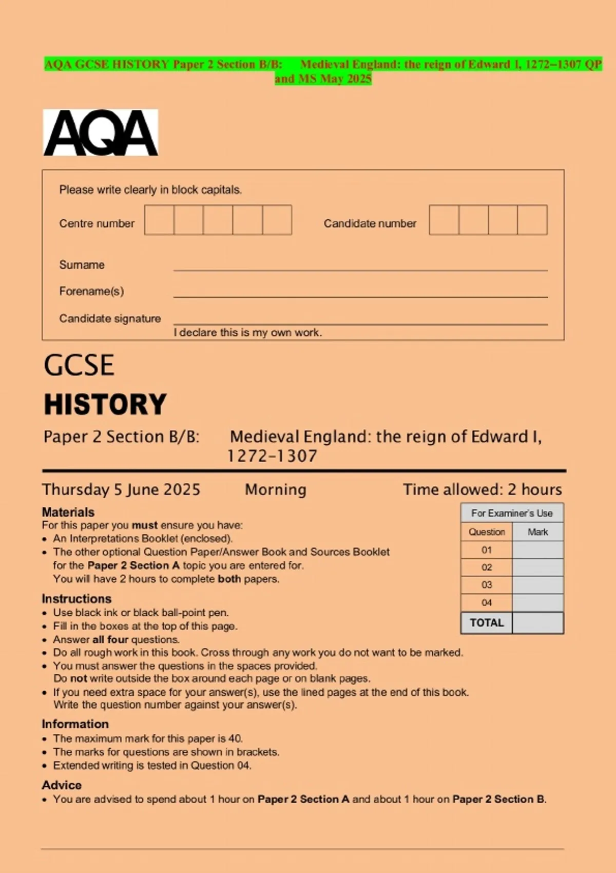 AQA GCSE HISTORY Paper 2 Section B/B: Medieval England: the reign of ...