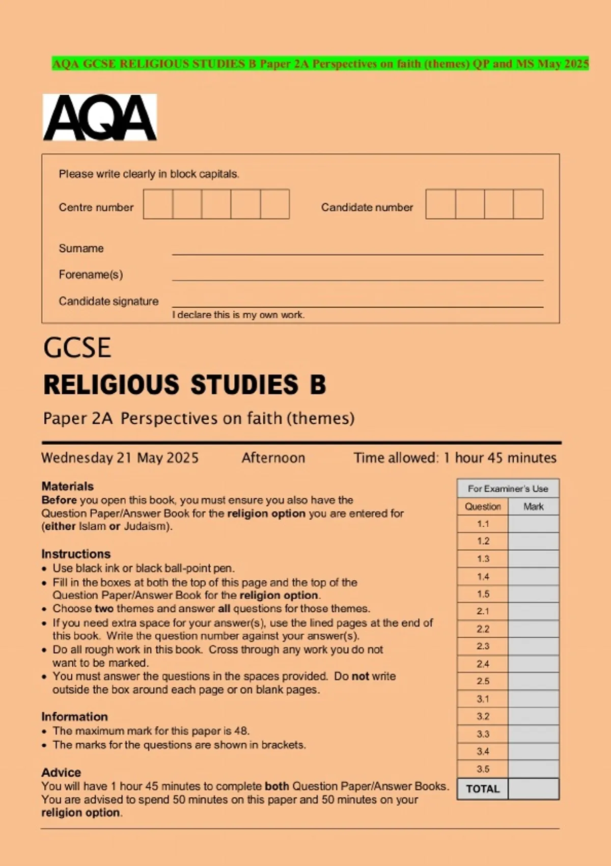 AQA GCSE RELIGIOUS STUDIES B Paper 2A Perspectives on faith (themes) QP ...