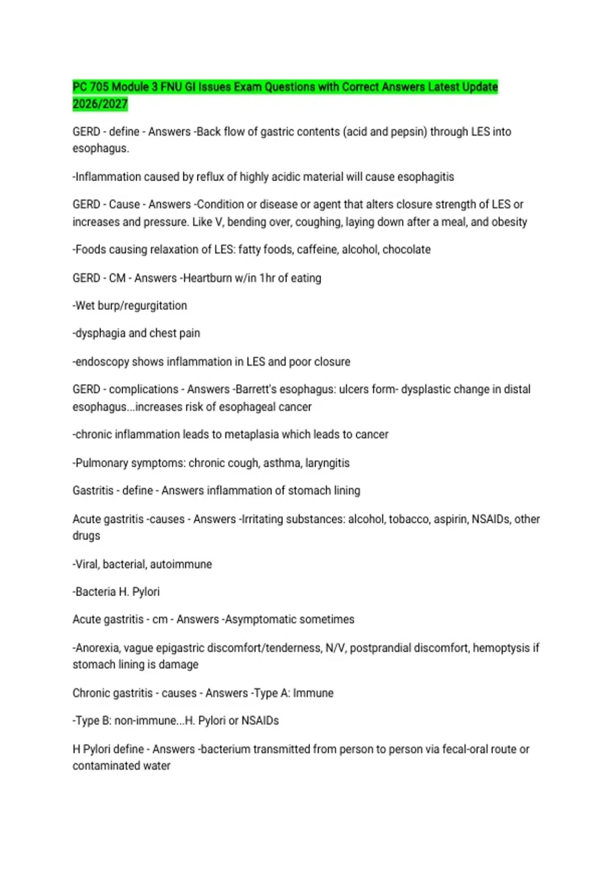 PC 705 Module 3 FNU GI Issues Exam Questions with Correct Answers ...