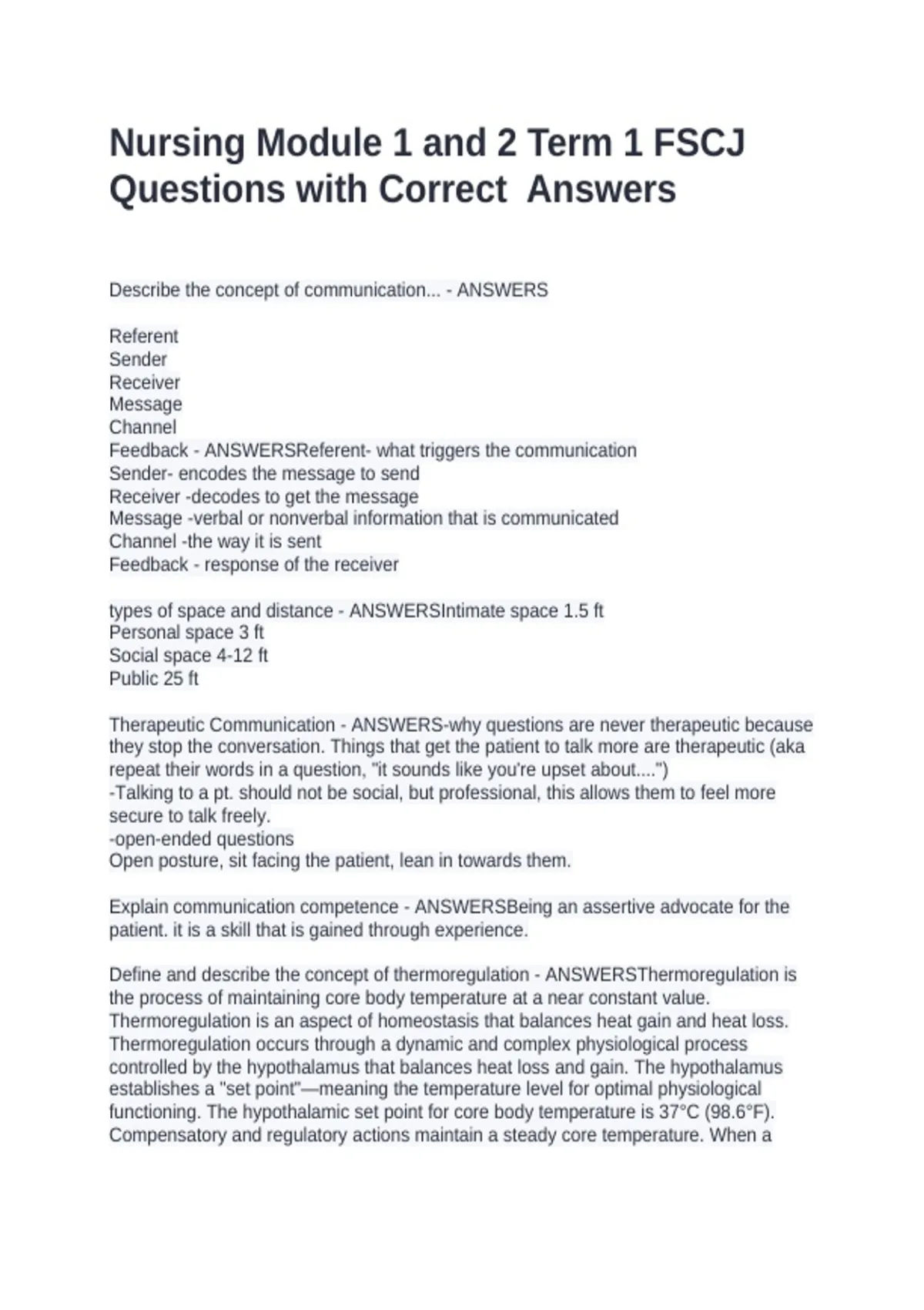 Nursing Module 1 and 2 Term 1 FSCJ Questions with Correct Answers ...