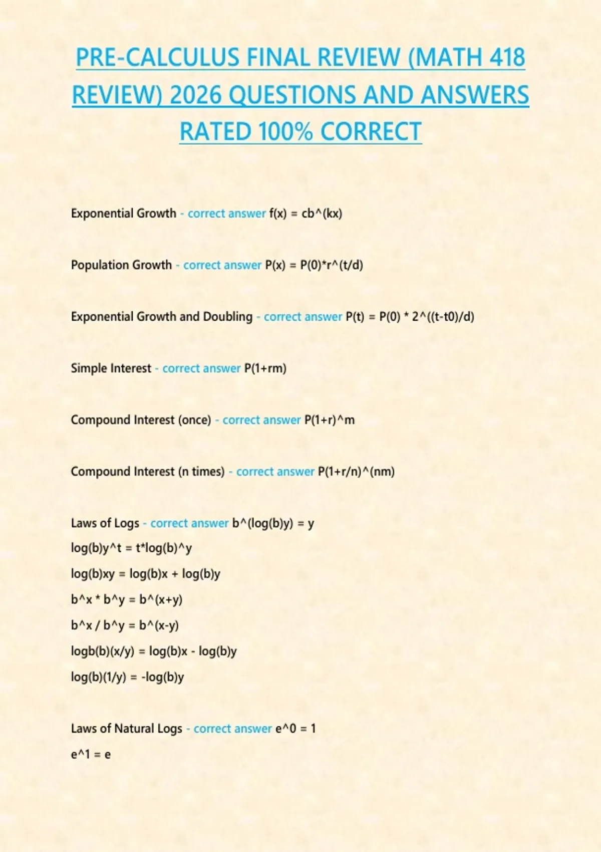 PRE-CALCULUS FINAL REVIEW (MATH 418 REVIEW) 2026 QUESTIONS AND ANSWERS ...