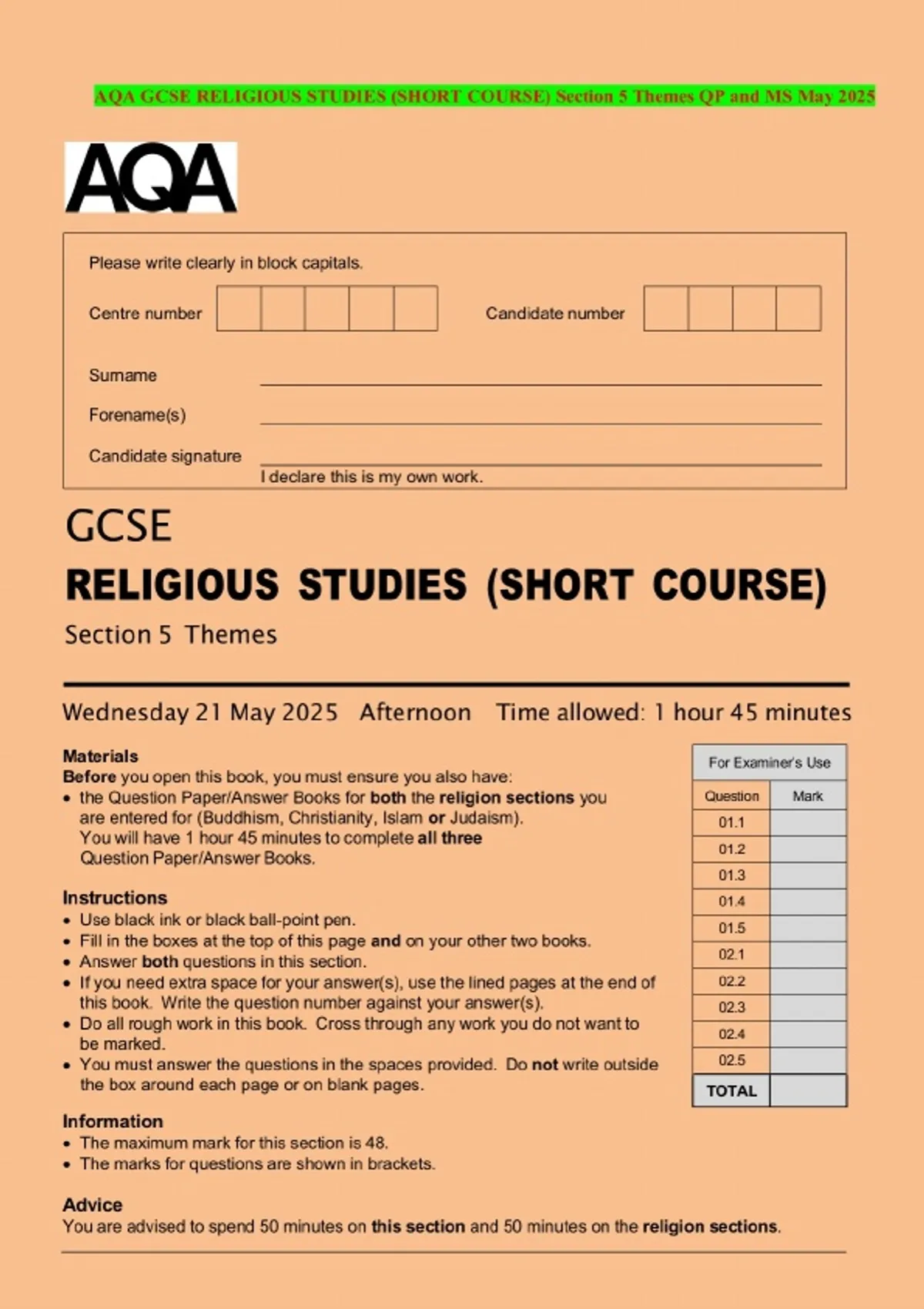 AQA GCSE RELIGIOUS STUDIES (SHORT COURSE) Section 5 Themes QP and MS ...