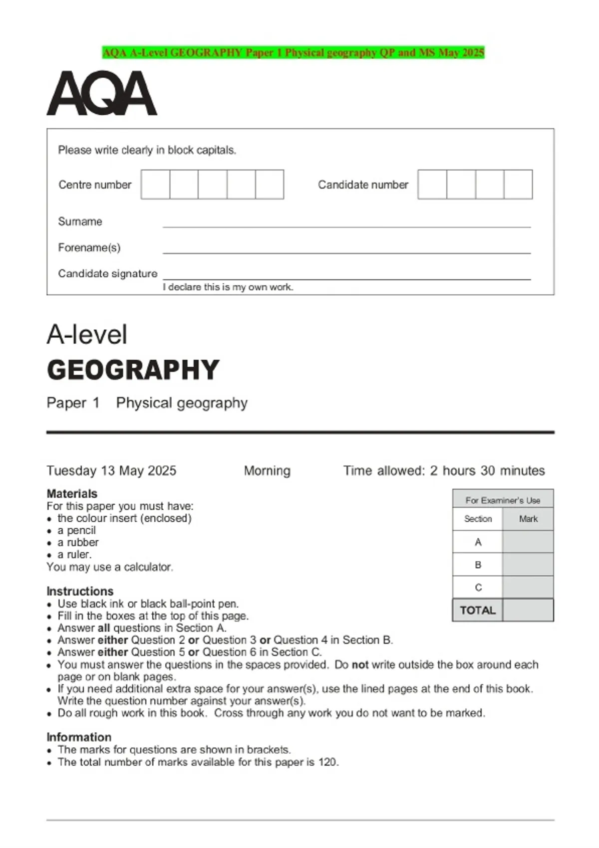 AQA A-Level GEOGRAPHY Paper 1 Physical geography QP and MS May 2025 ...