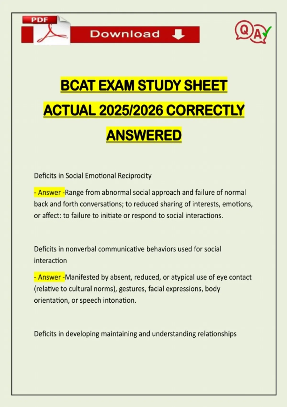 BCAT EXAM STUDY SHEET ACTUAL 2026 CORRECTLY ANSWERED - BCAT - Stuvia US