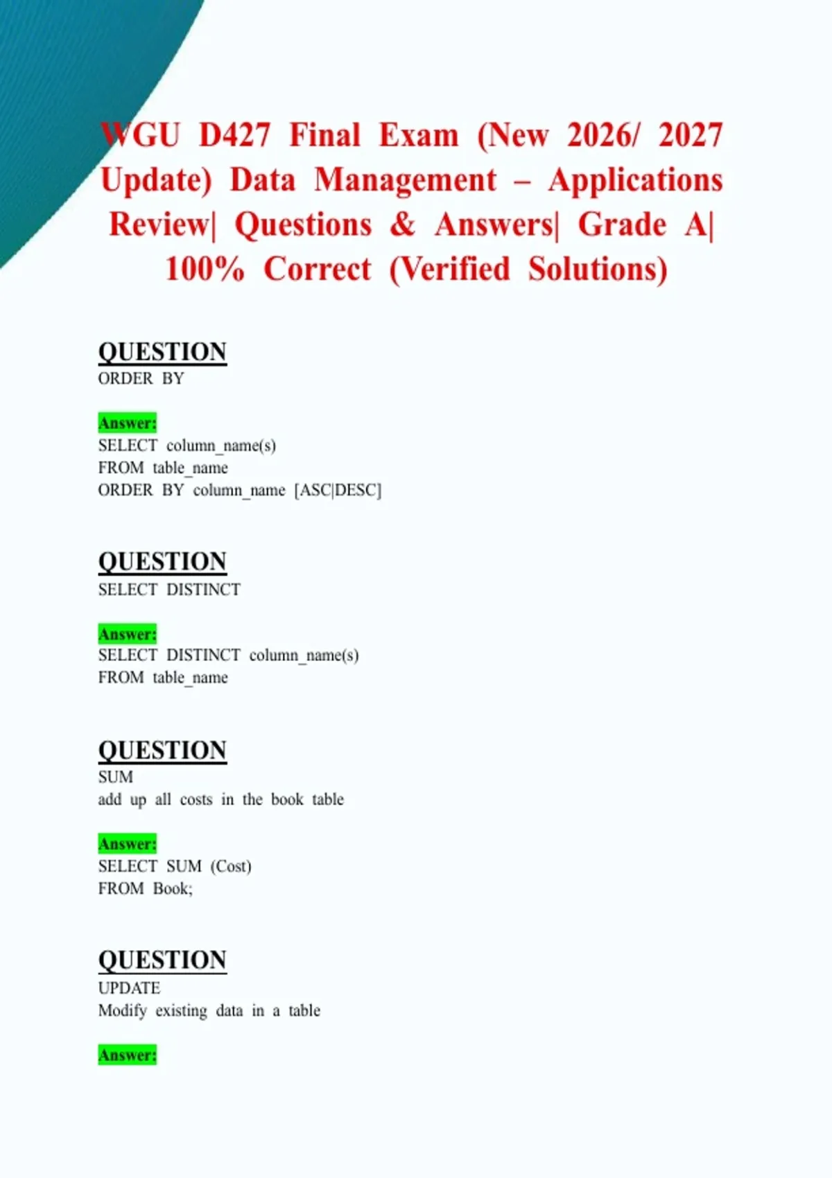 WGU D427 Final Exam (New 2026/ 2027 Update) Data Management ...