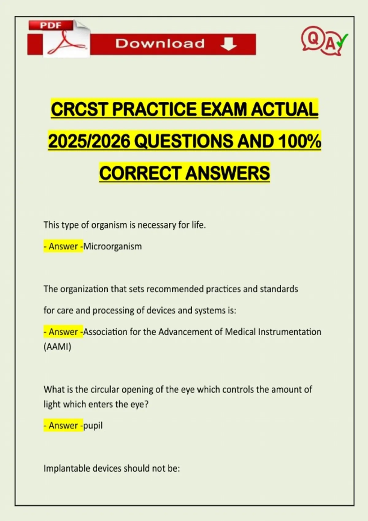 CRCST PRACTICE EXAM ACTUAL 2026 QUESTIONS AND 100% CORRECT ANSWERS ...