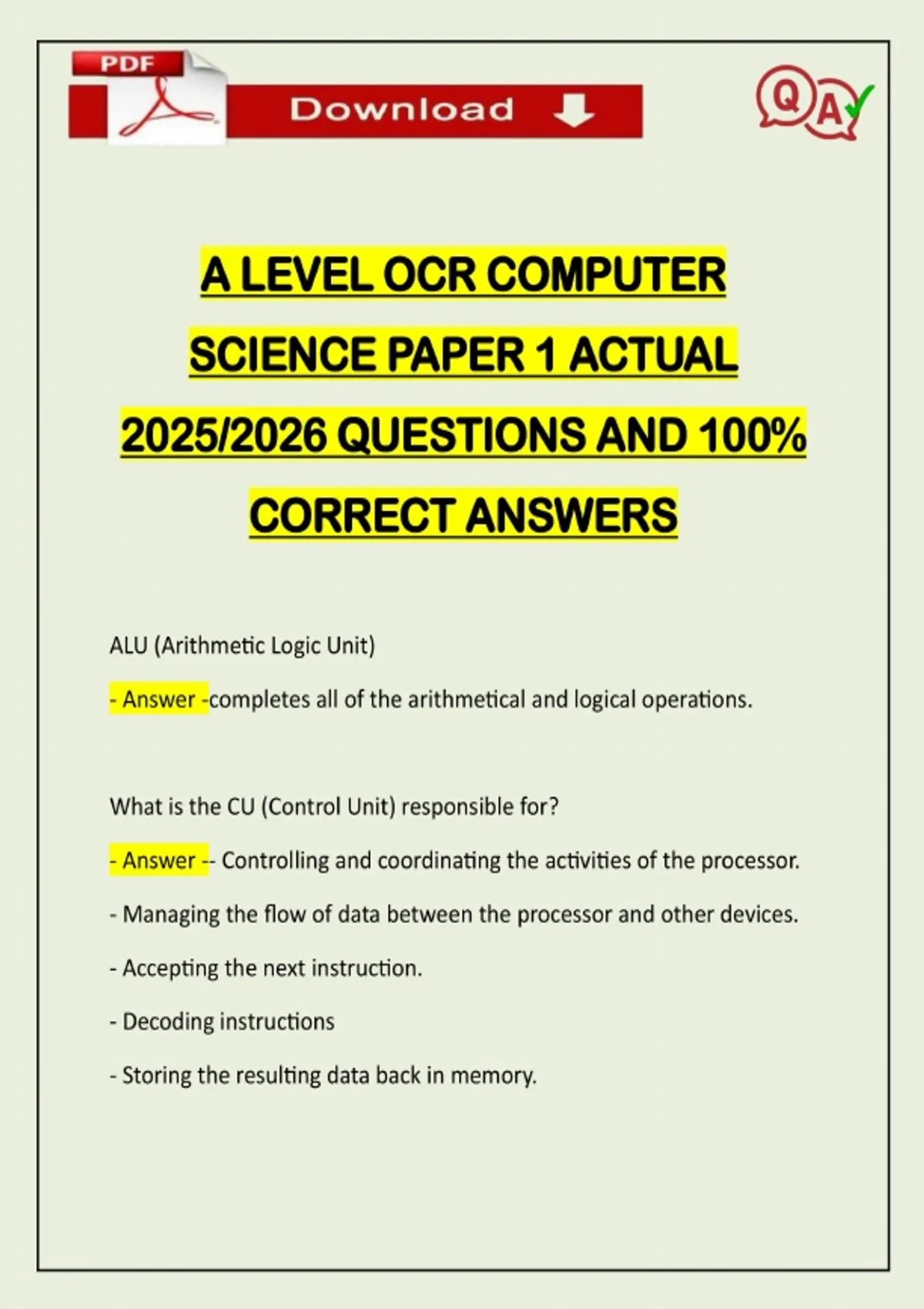 A LEVEL OCR COMPUTER SCIENCE PAPER 1 ACTUAL 2026 QUESTIONS AND 100% ...