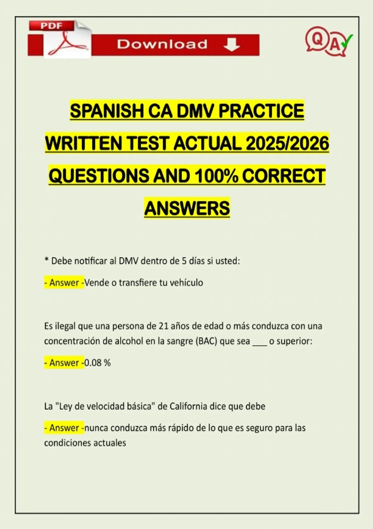 SPANISH CA DMV PRACTICE WRITTEN TEST ACTUAL 2026 QUESTIONS AND 100% ...
