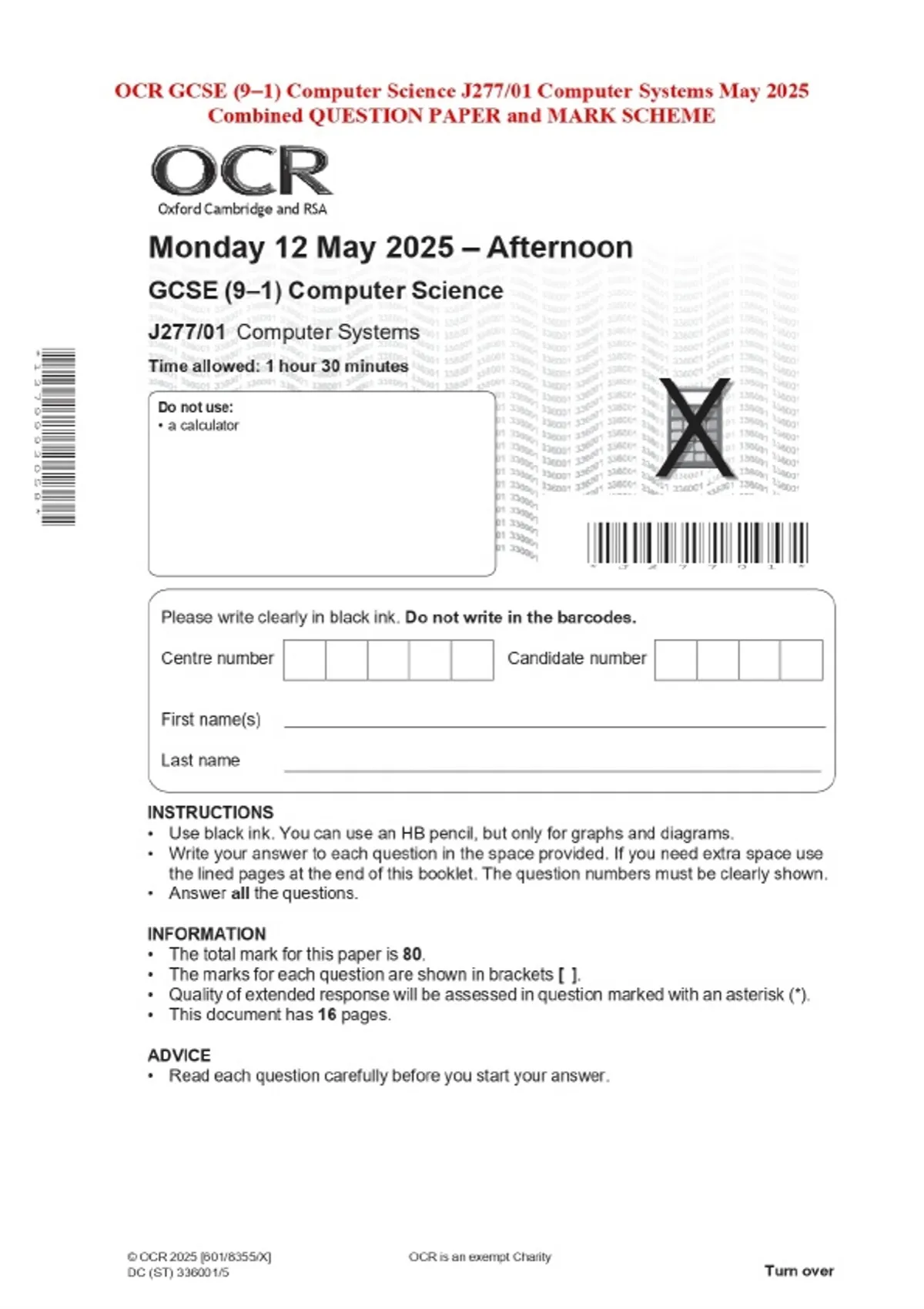 OCR GCSE (9–1) Computer Science J277/01 Computer Systems May 2025 ...