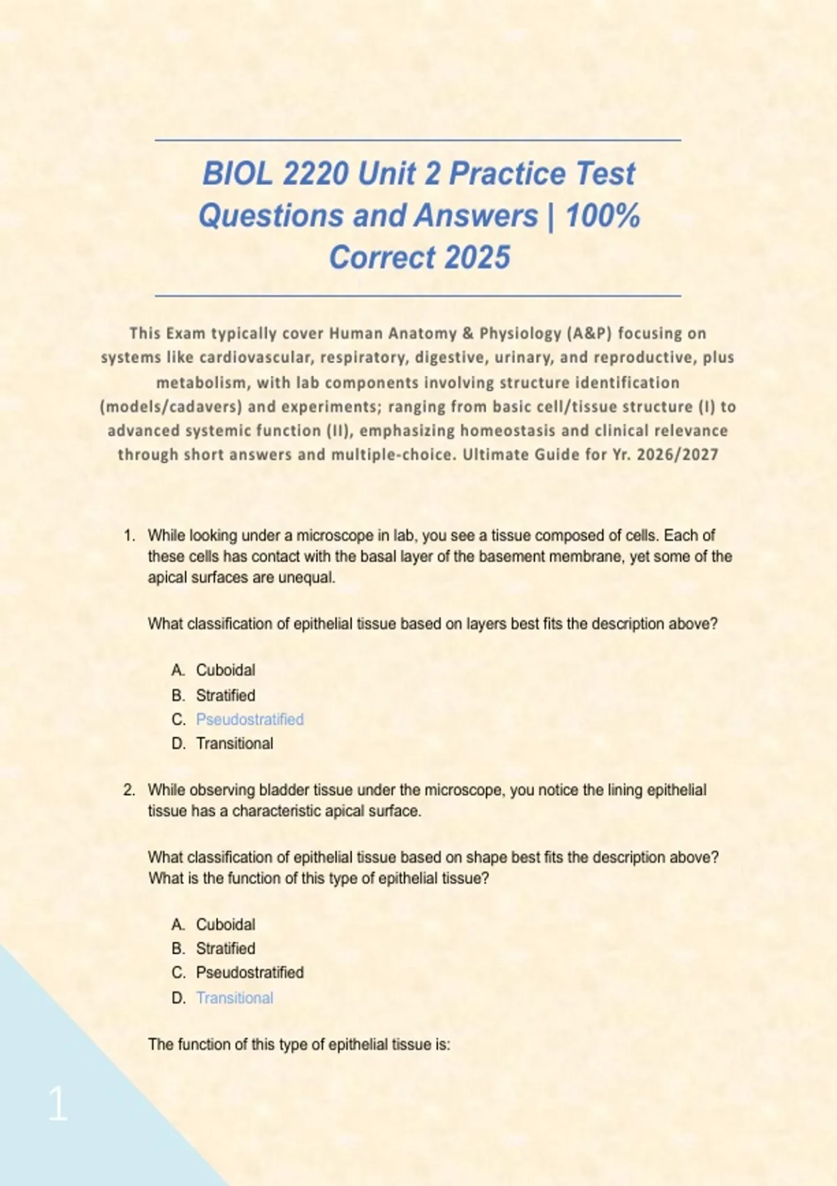 BIOL 2220 Unit 2 Practice Test Questions and Answers | 100% Correct ...