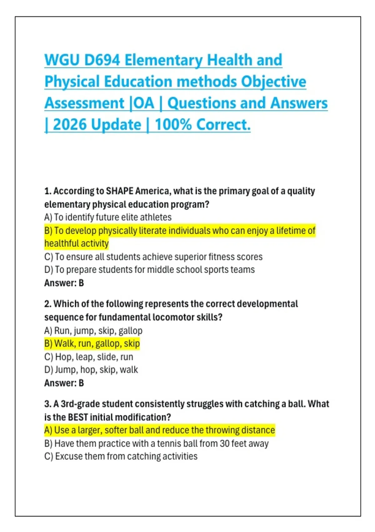 WGU D694 Elementary Health and Physical Education methods Objective ...