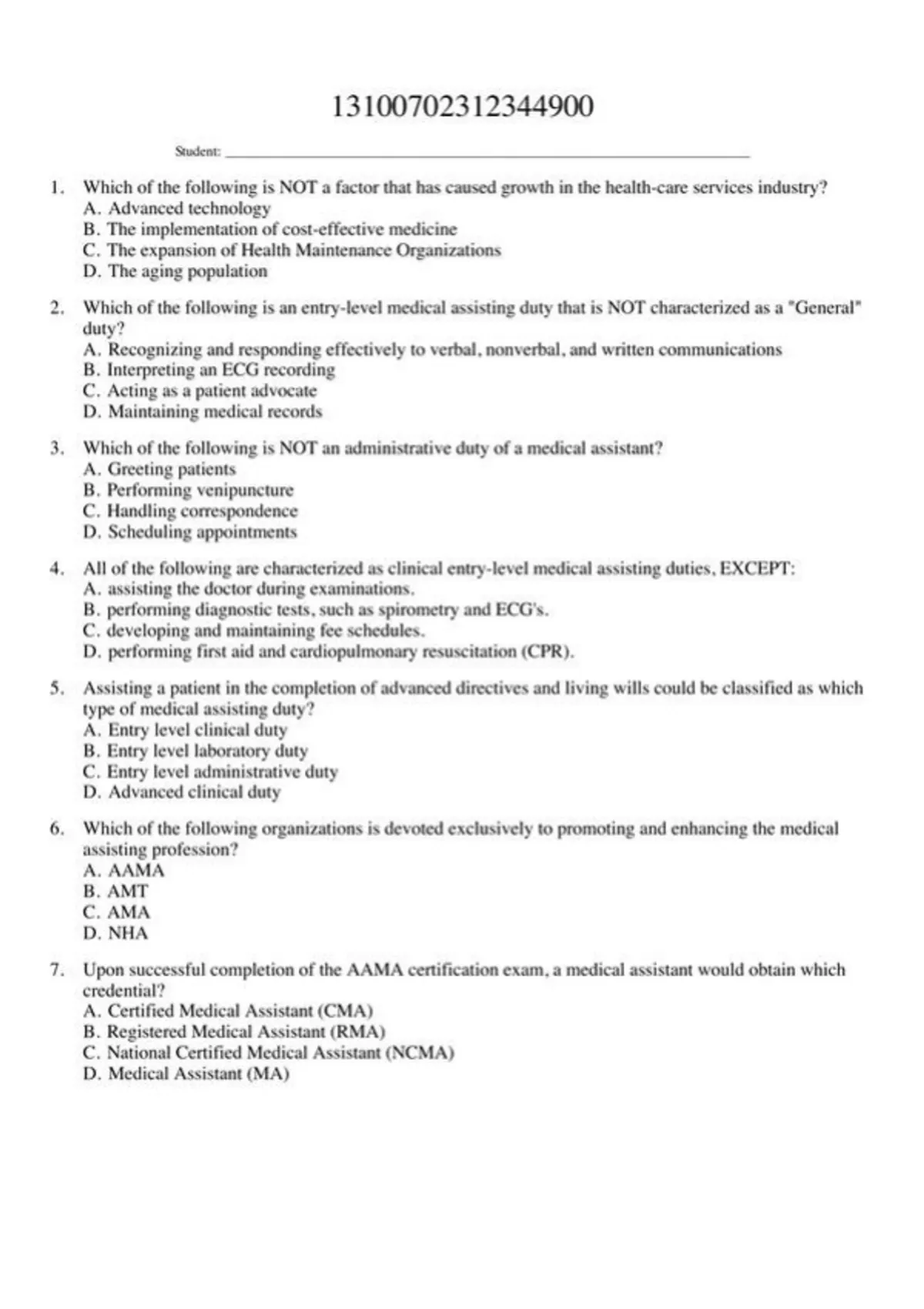 practice test bank questions, final exam : Houser-Administrative ...