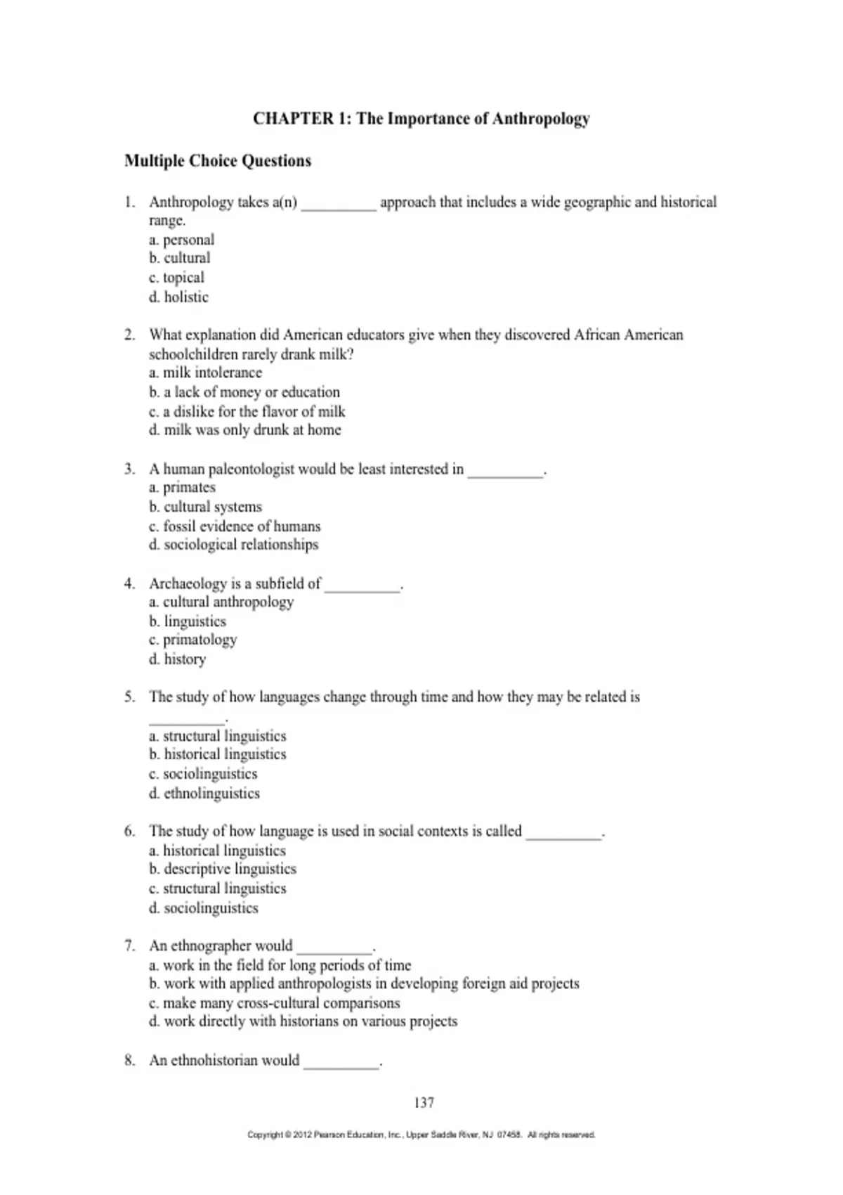 practice test bank questions, final exam : Human Evolution and Culture ...