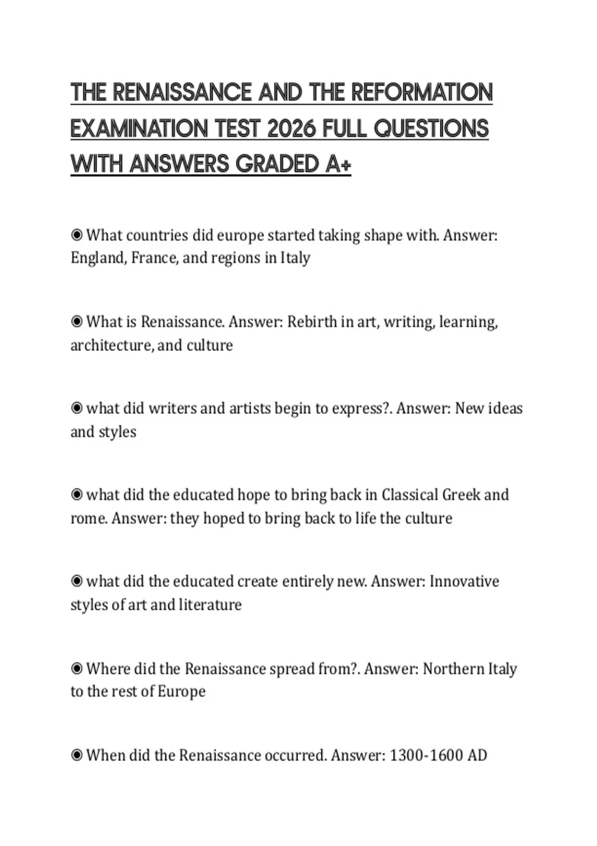 THE RENAISSANCE AND THE REFORMATION EXAMINATION TEST 2026 FULL ...