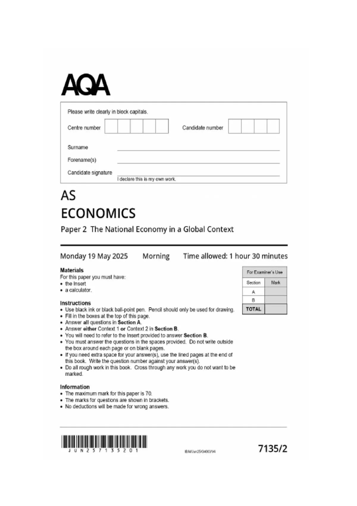 aqa as level economics paper 2 2025 the national economy in a global ...