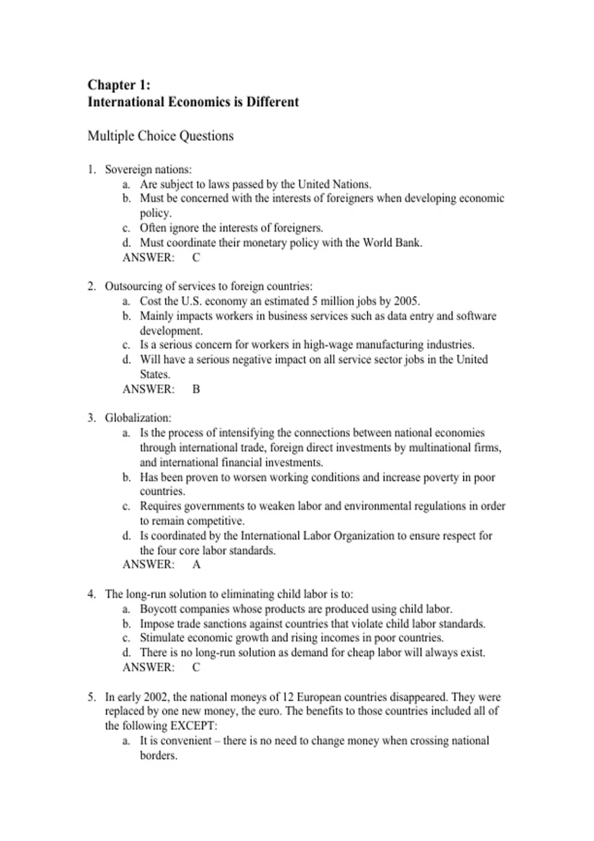practice test bank questions, final exam : International Economics ...