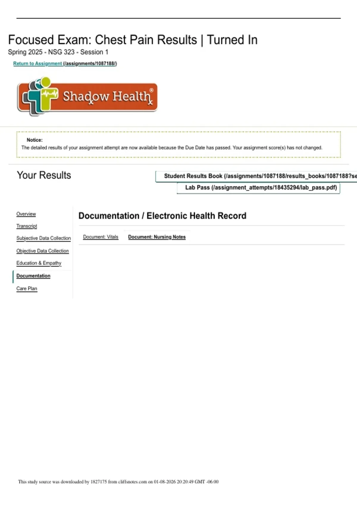 Shadow Health Focused Exam Chest Pain Brian Foster Nursing Notes and ...