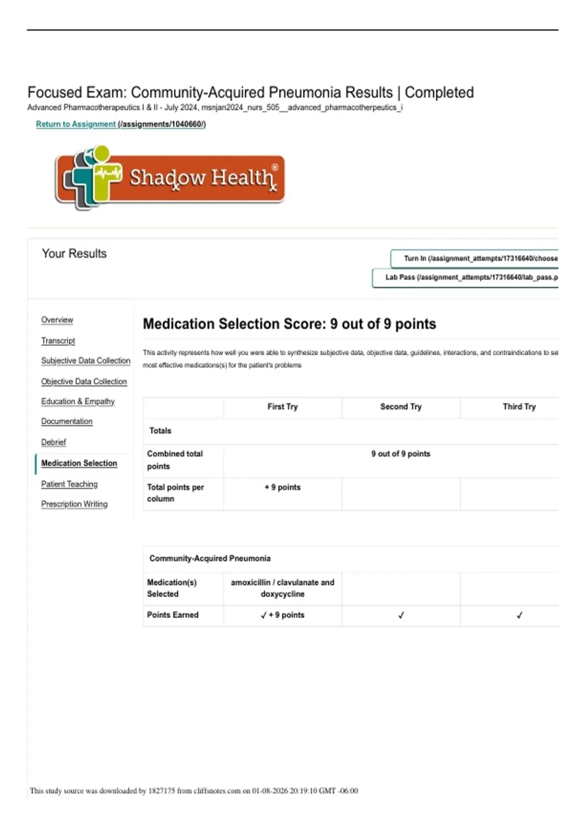 Shadow Health Focused Exam Community Acquired Pneumonia Medication ...