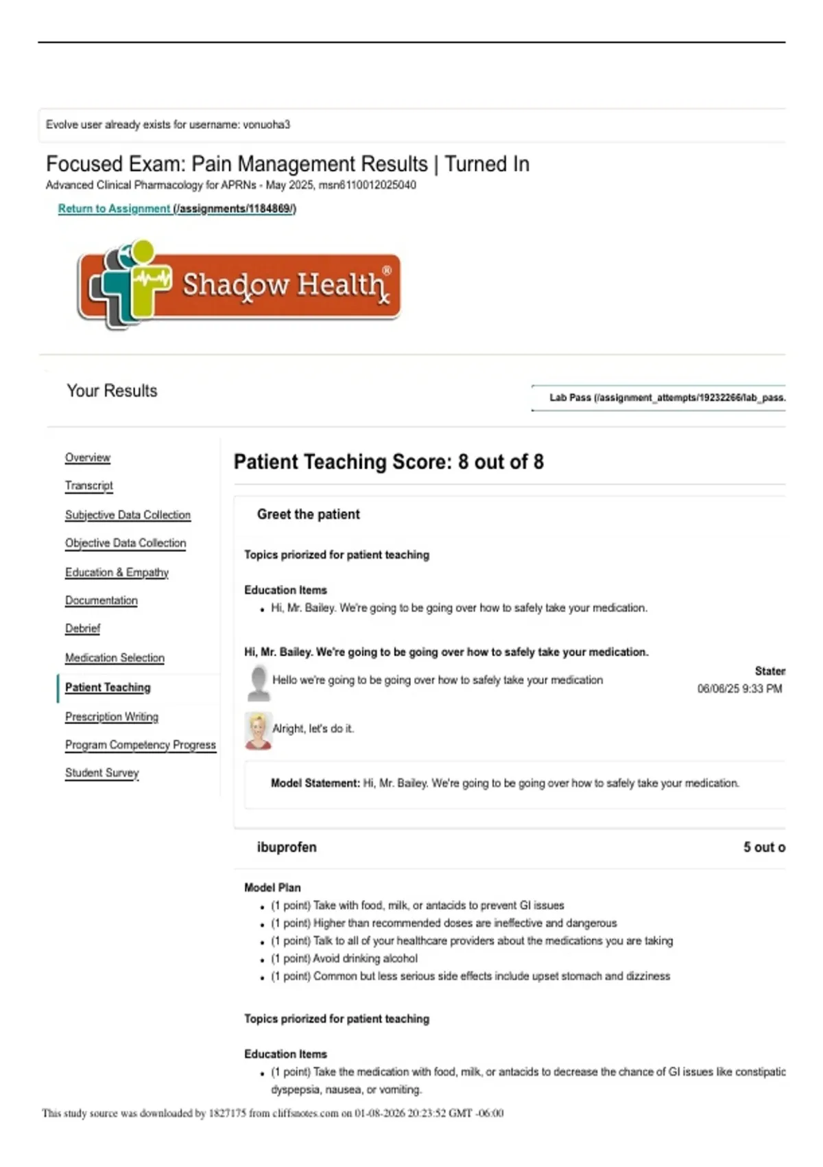 Shadow Health Focused Exam: Pain Management Patient Teaching | A+ Rated ...