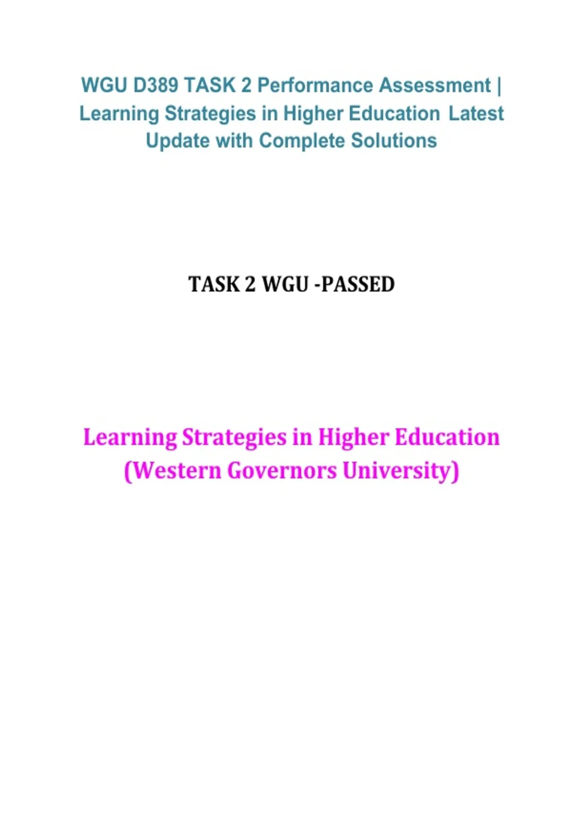 WGU D389 Task 2 Performance Assessment – Learning Strategies in Higher ...