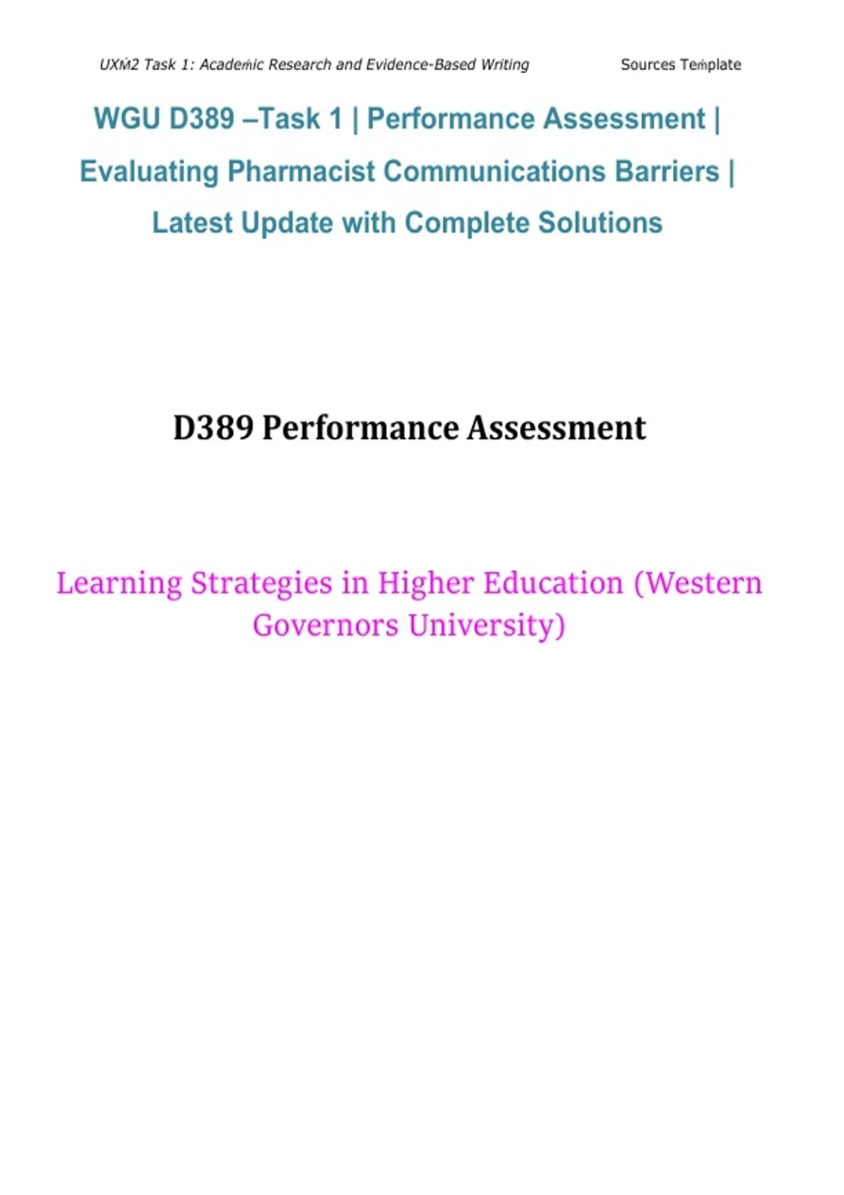 WGU D389 Task 1 – Performance Assessment – Evaluating Pharmacist ...