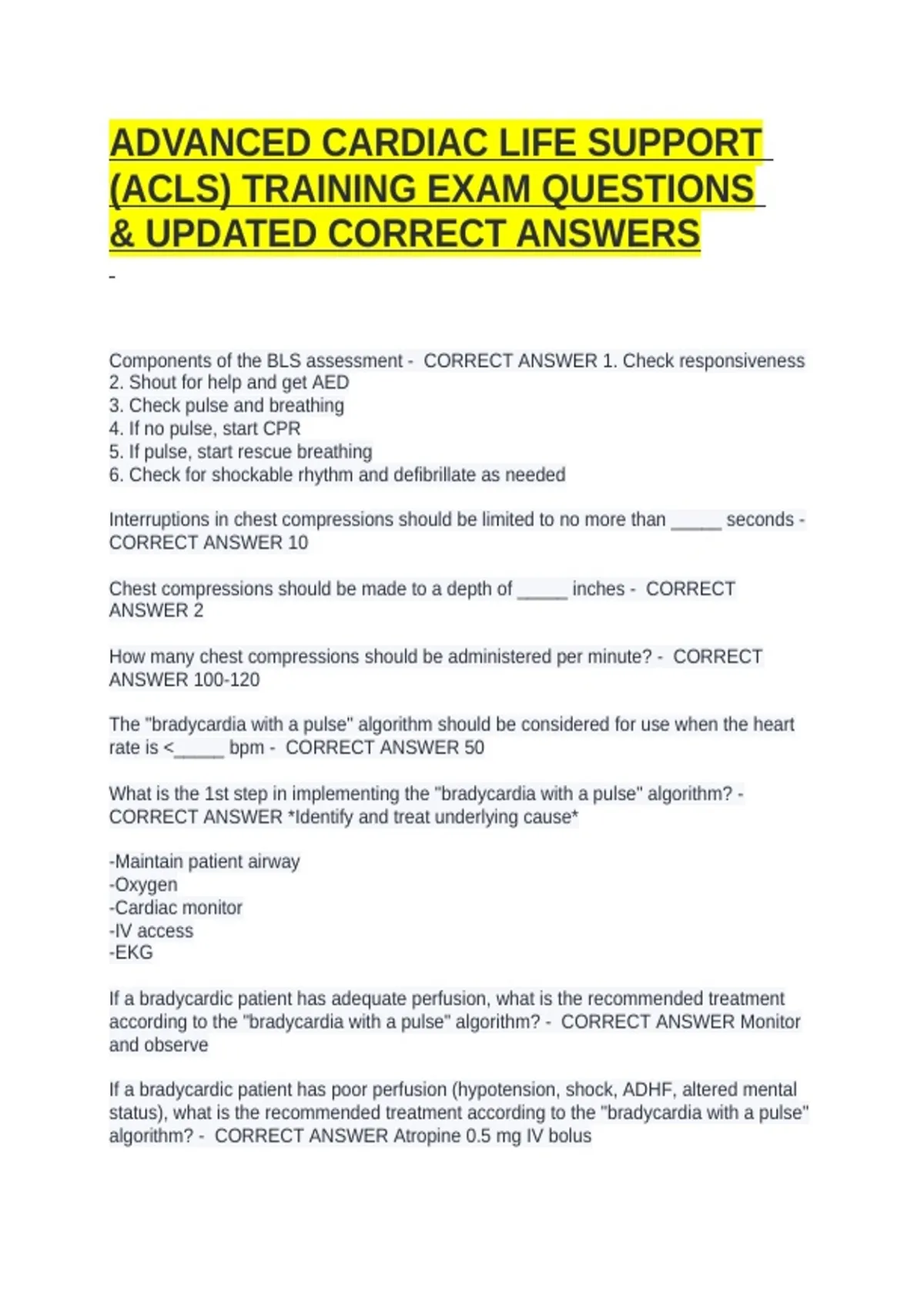 ADVANCED CARDIAC LIFE SUPPORT (ACLS) TRAINING EXAM QUESTIONS & UPDATED ...
