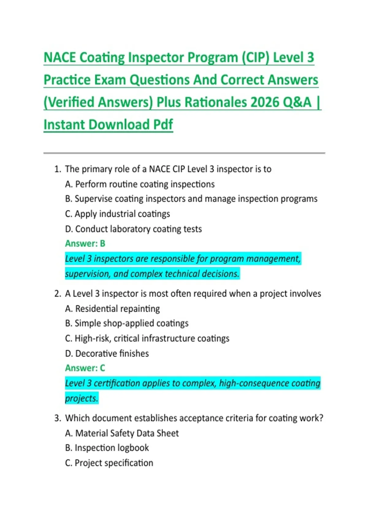 NACE Coating Inspector Program (CIP) Level 3 Practice Exam Questions ...