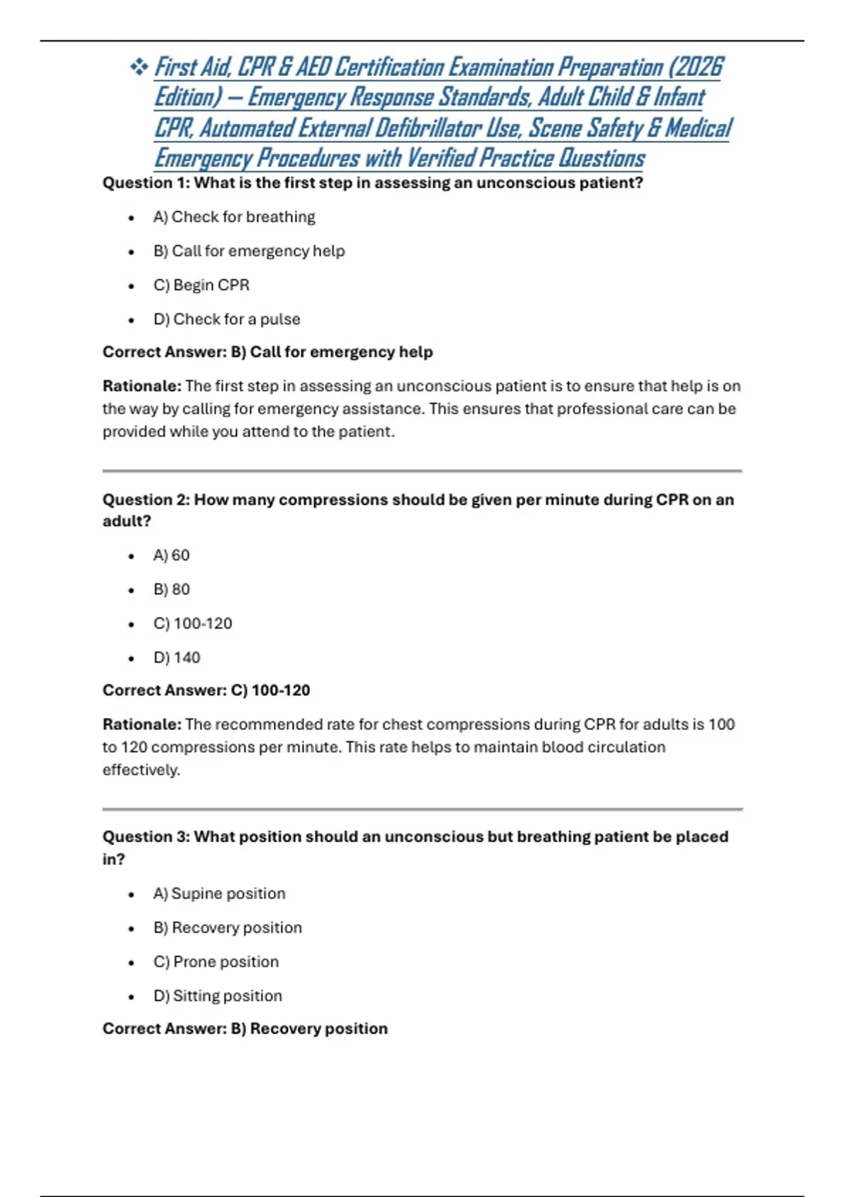 First Aid, CPR & AED Certification Examination Preparation (2026 ...