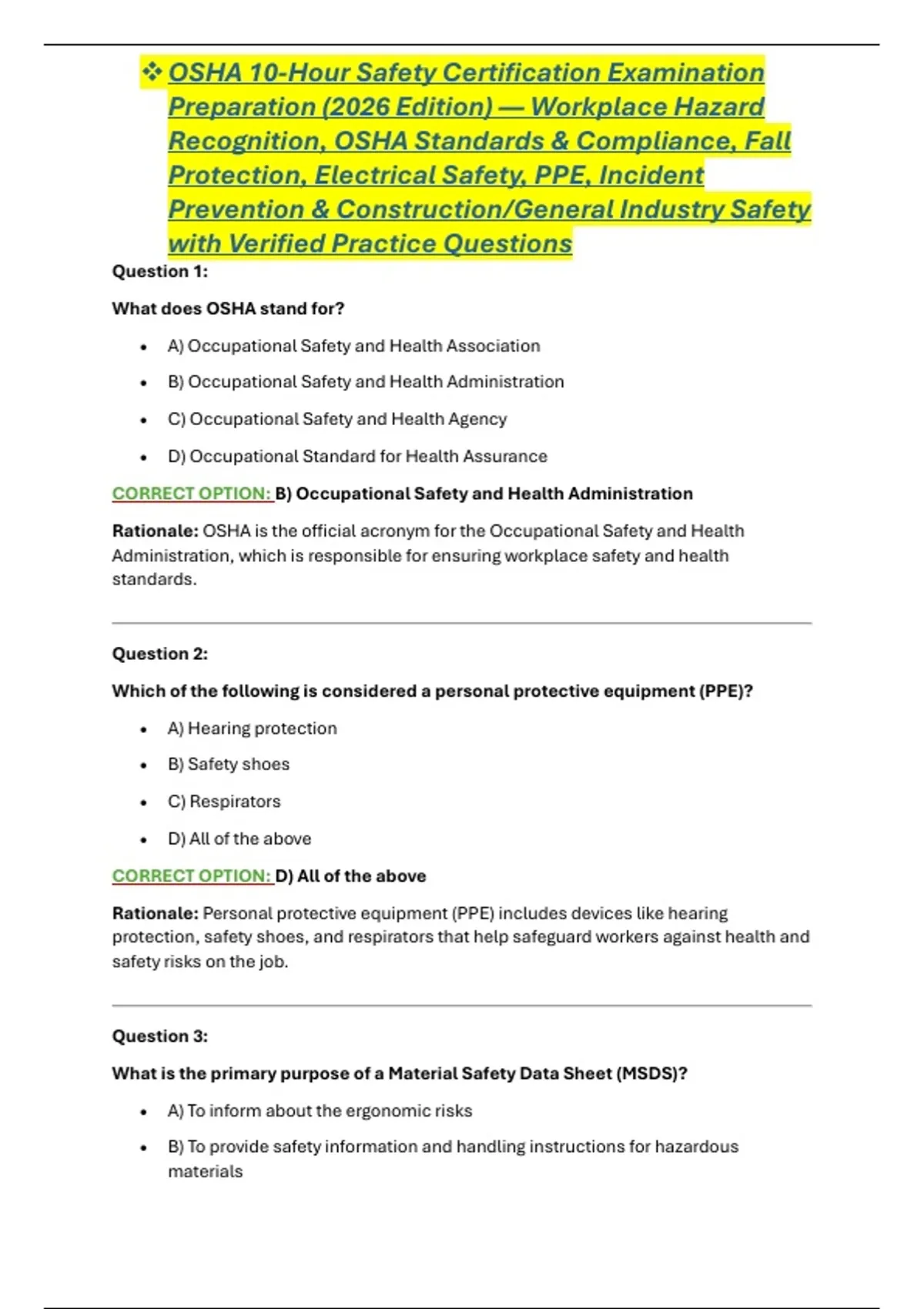 OSHA 10-Hour Safety Certification Examination Preparation (2026 Edition ...