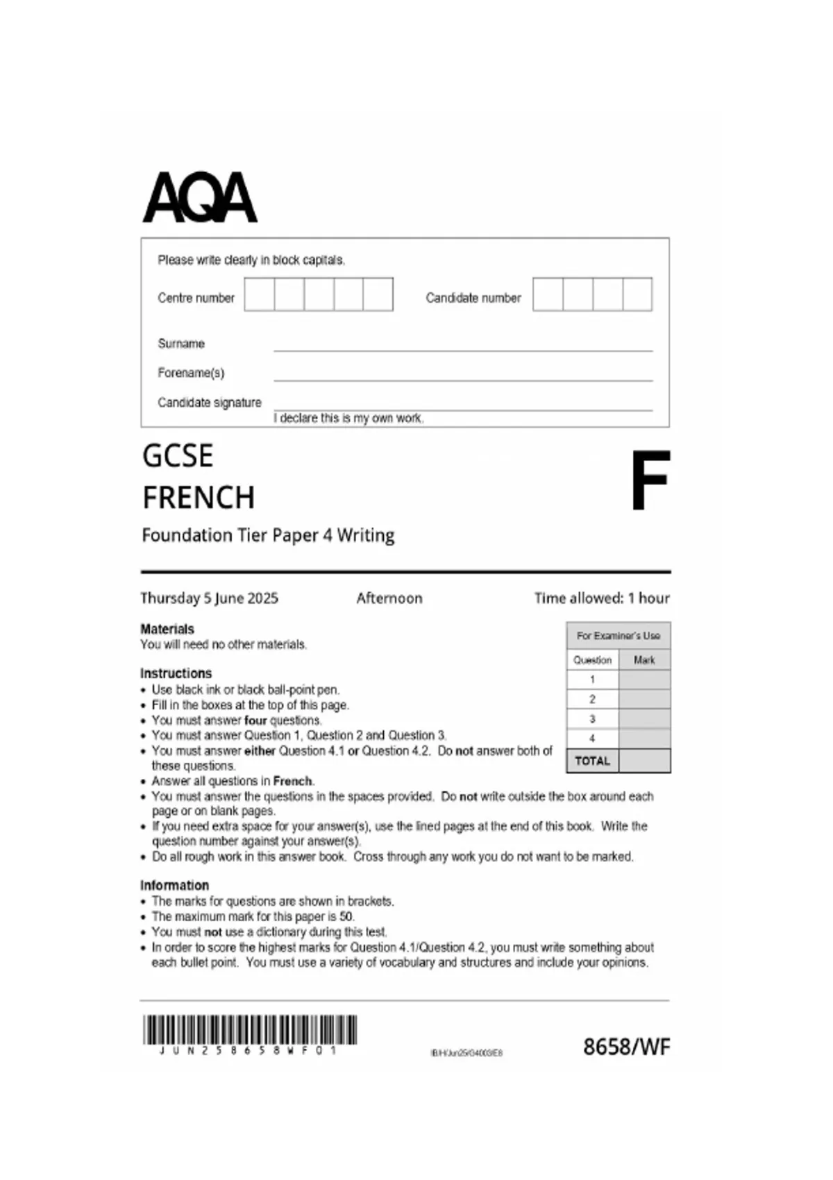 gcse aqa french foundation tier paper 4 2025 writing merged with mark ...